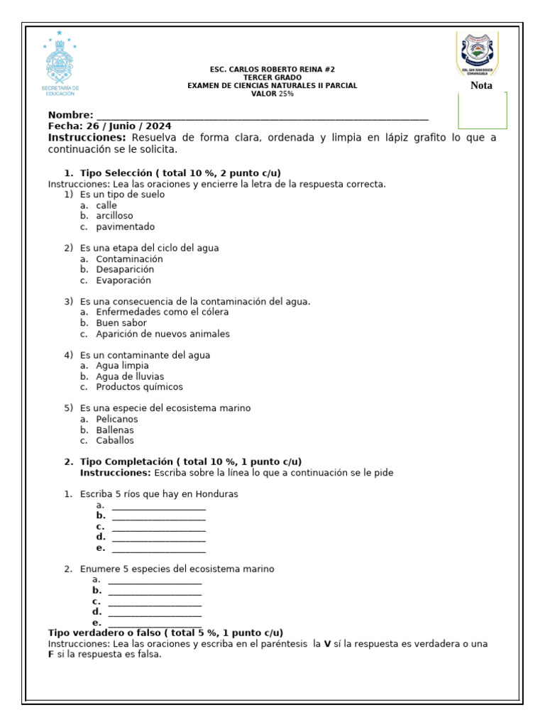 Examen de CCNN II Parcial Tercer Grado | PDF