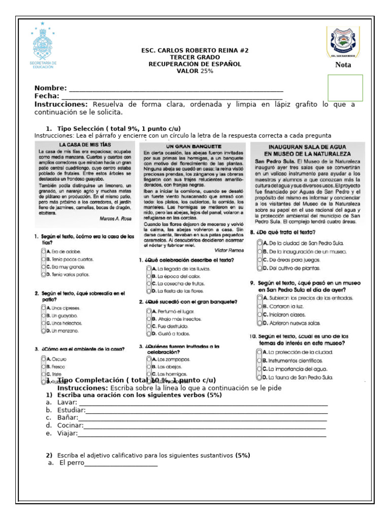 Examen de Recuperación Español Tercer Grado | PDF