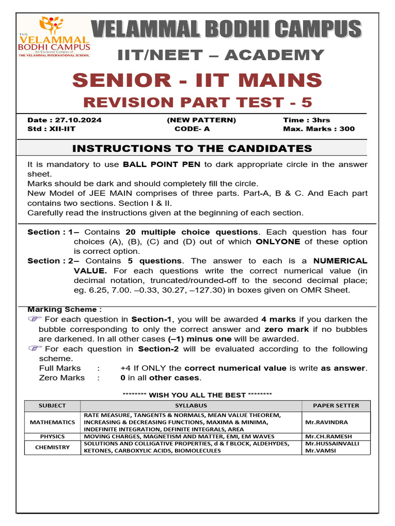 RPT-5 (IIT) Question Paper (Code-A) Dt. 27.10.2024 | PDF | Mathematical ...