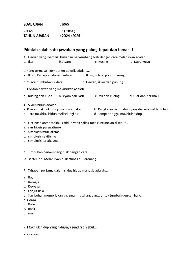 Ujian Ipas Tahun 2024 | PDF