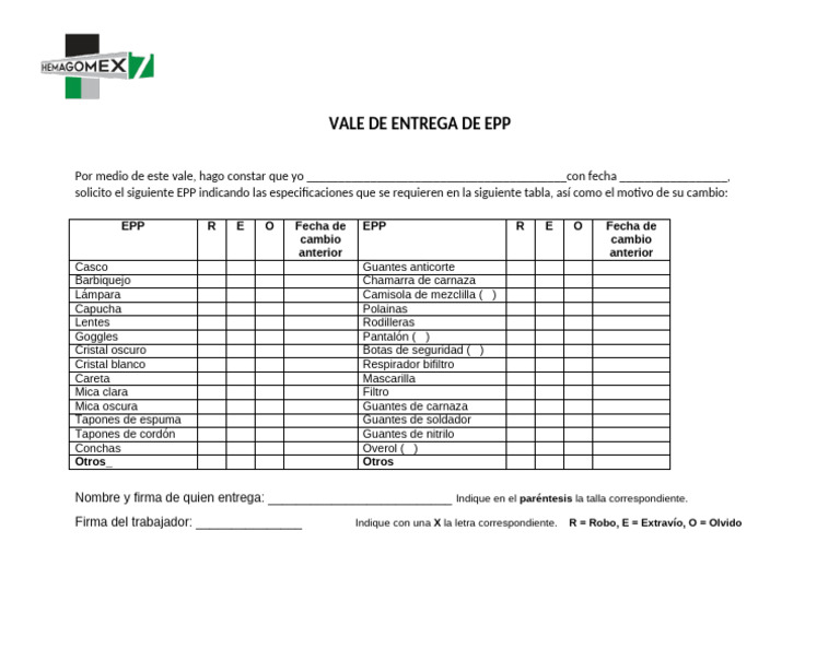 Vale de Entrega de Epp | PDF