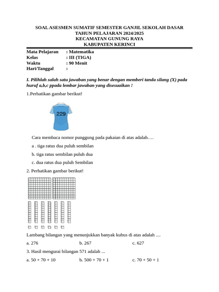 Soal Mtk Kelas 3 | PDF