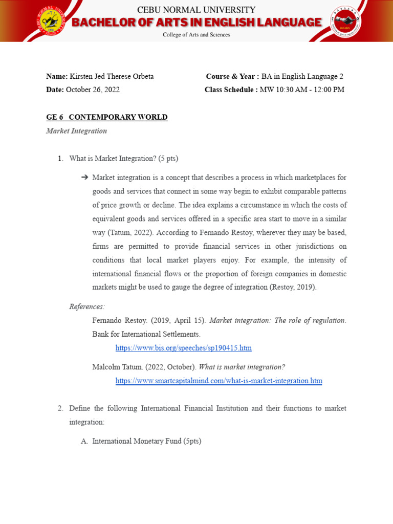 GE 6 - Market Integration (Orbeta, Kirsten Jed Therese - BAELANG 2 ...