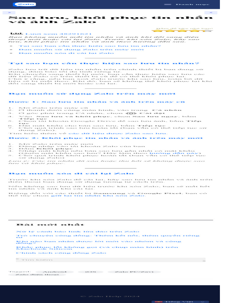 Sao Lưu, Khôi Phục Tin Nhắn Và Ảnh Zalo - Zalo Help | PDF