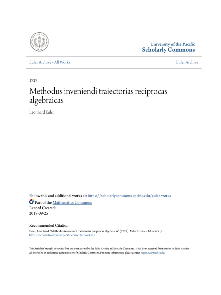 Methodus Inveniendi Traiectorias Reciprocas Algebraicas | PDF