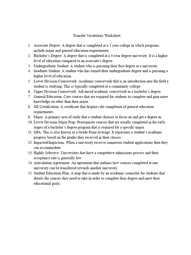 Transfer Vocabulary Worksheet | PDF