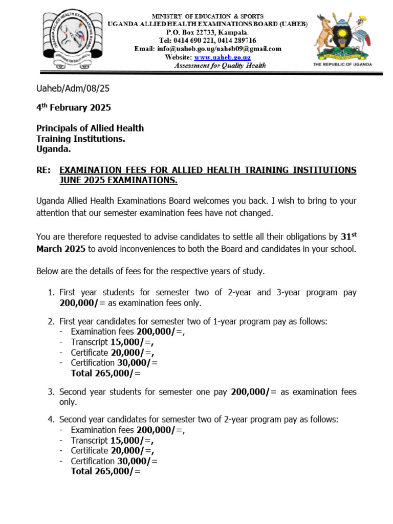 Examination Fees for Allied Health 2025 | PDF