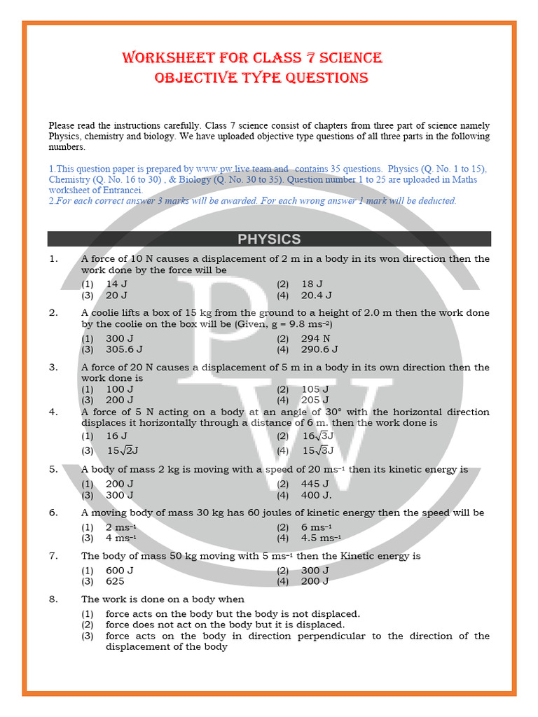 Worksheet For Class 7 Science Objective Type Questions: Physics | PDF ...