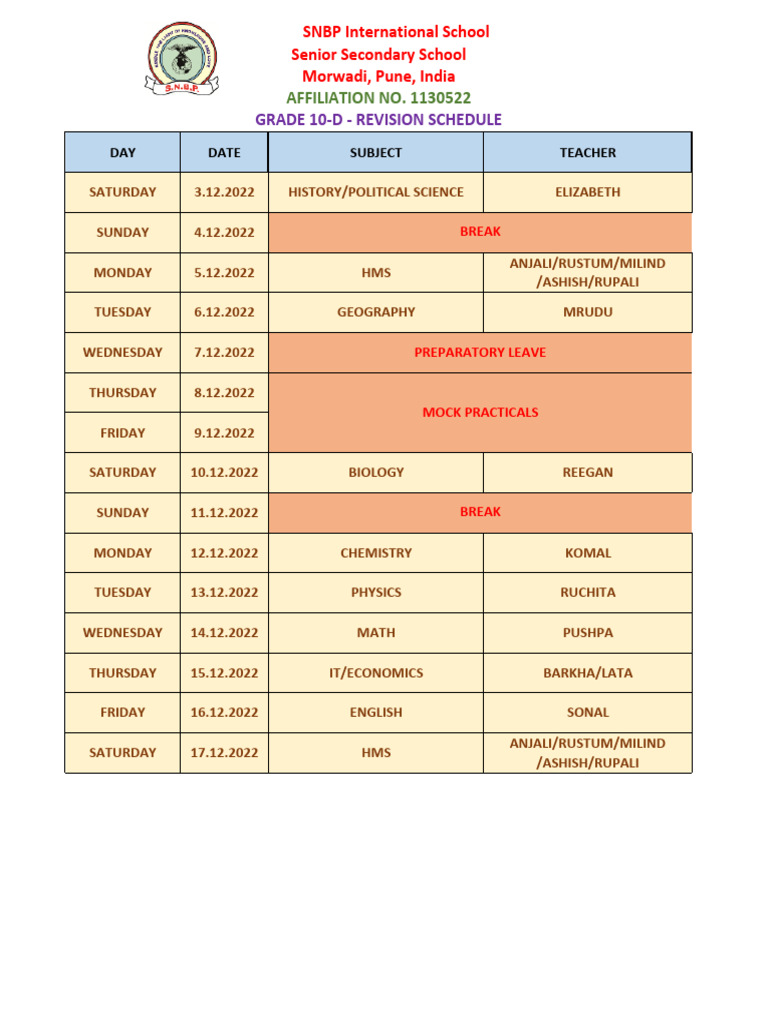 Revision Schedule 10d From 3rd Dec | PDF