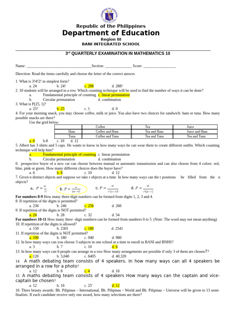 Math 10 Q3 Examination | PDF | Permutation