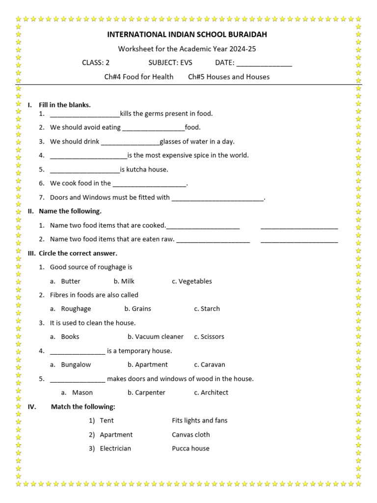 Class 2 EVS Worksheet on Food and Houses | PDF | Foods | Cooking