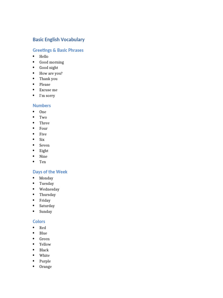 Basic English Vocabulary | PDF