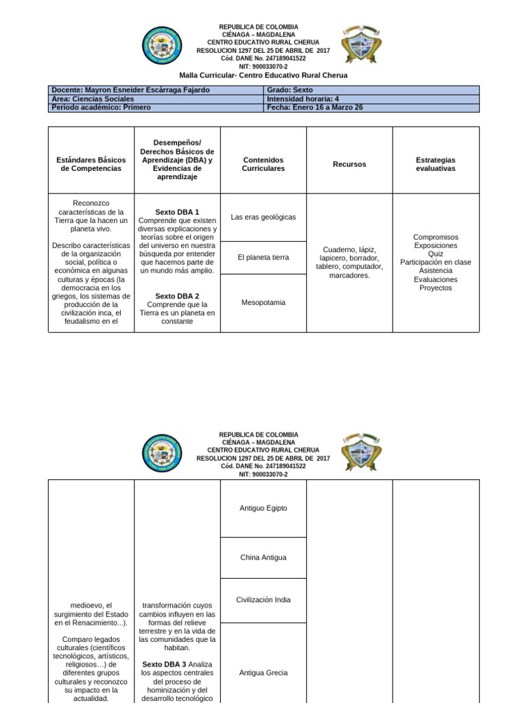 01 Malla Curricular Sociales Sexto 2023 | PDF | Colombia | Sociedad