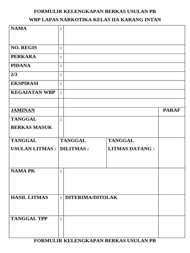 Formulir Kelengkapan Berkas Usulan PB | PDF