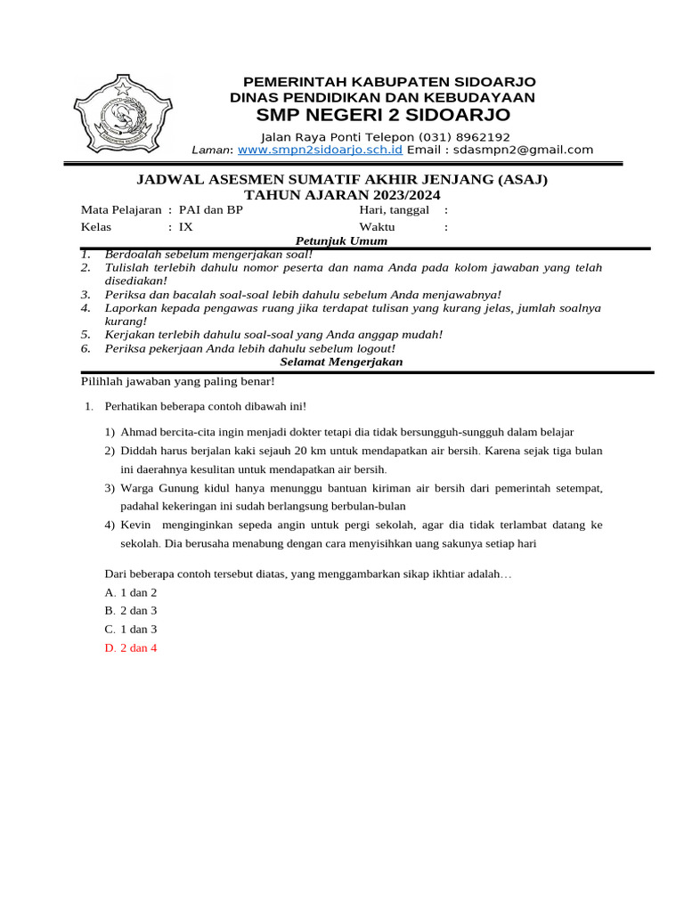 Soal Pai Asaj Kelas 9 | PDF
