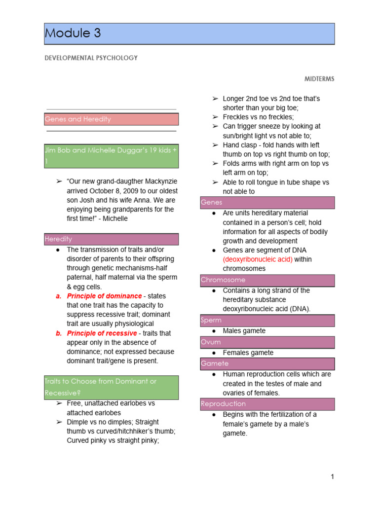 TRANSES DEV PSYCH Module 3 | PDF | Prenatal Development | Heredity