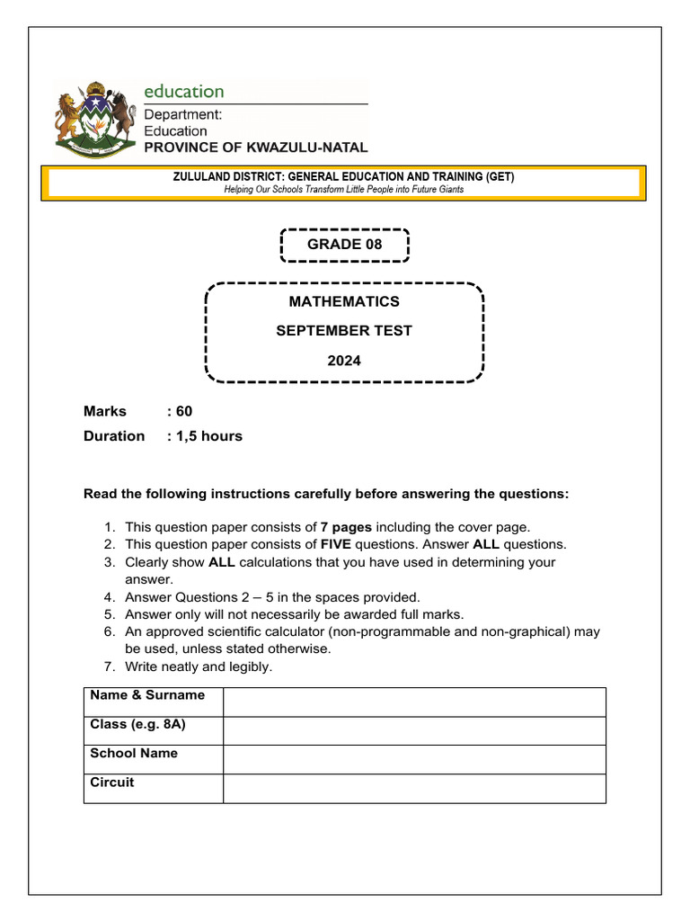 Grade 8 Mathematics September Test 2024 | PDF | Elementary Geometry ...