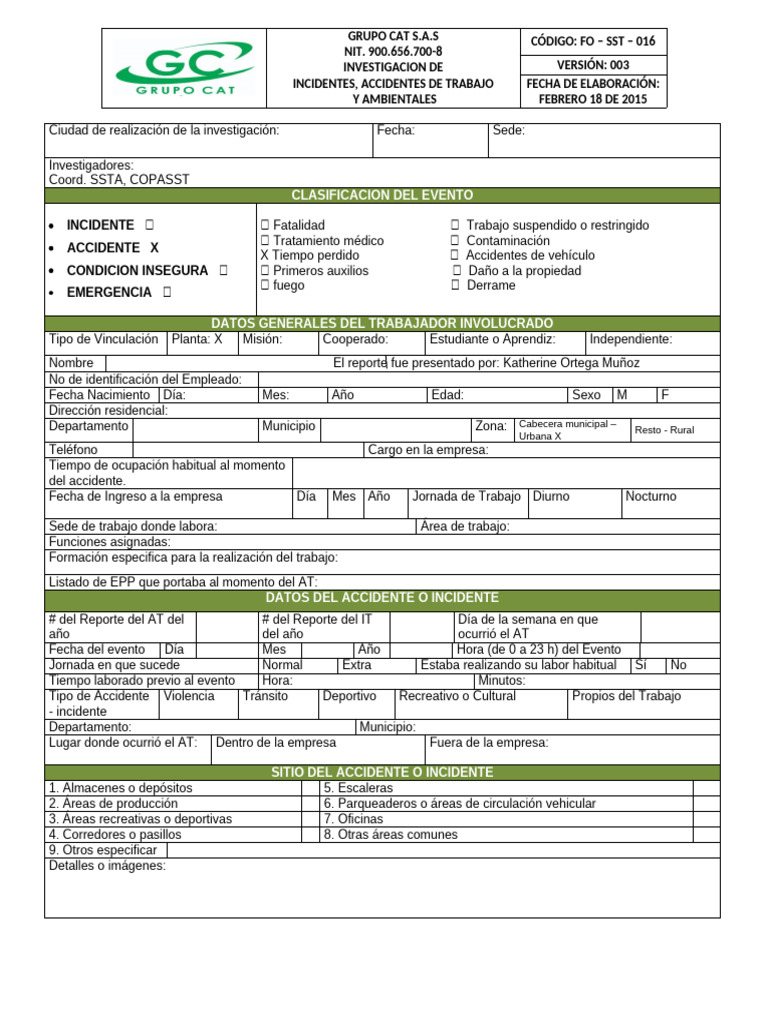 Formato Inv Inc Y Acc Laborales (v2) | PDF | Lesión