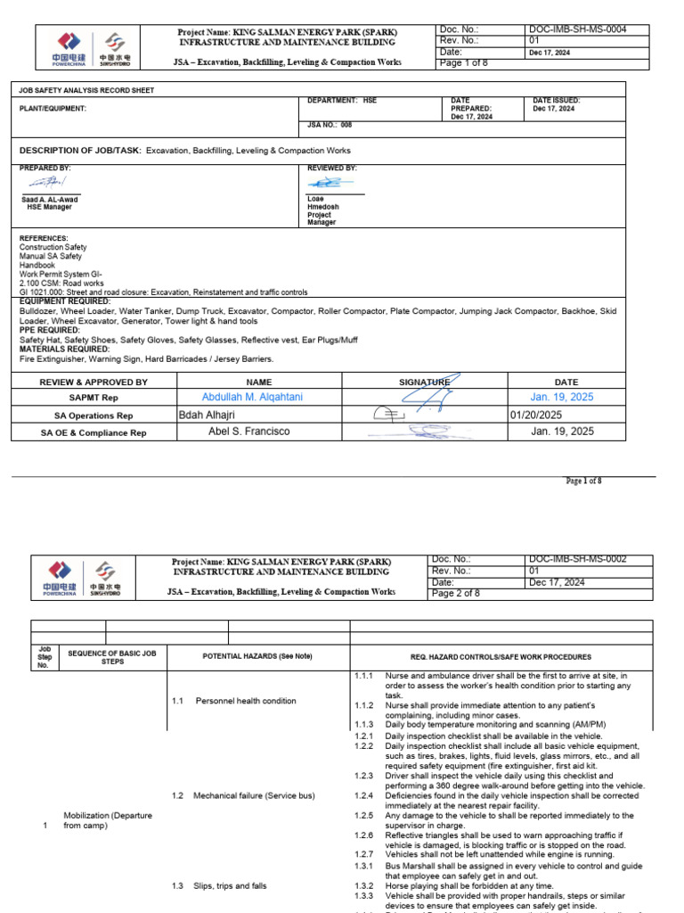 SH - JSA - EXCAVATION - BACKFILLING - COMPACTION (003) - Reviewed | PDF | Vehicles | Heavy Equipment