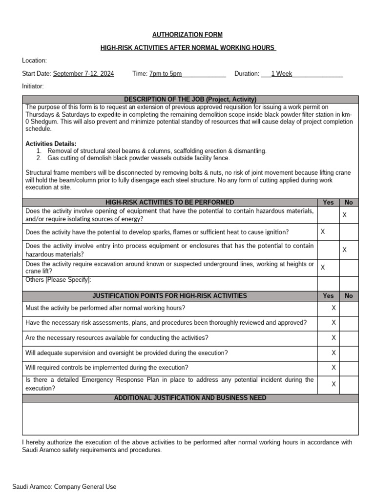 High Risk Activities Authorization Request | PDF | Demolition | Safety