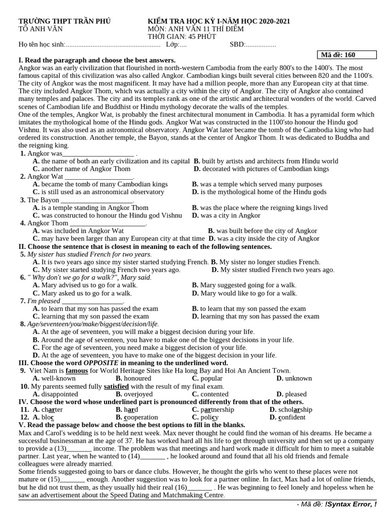 De KT Cuoi Hk1 Anh 11 Thi Diem Nam Hoc 2020-2021-Co Trang Cdaca89c8e | PDF | Angkor | Angkor Wat