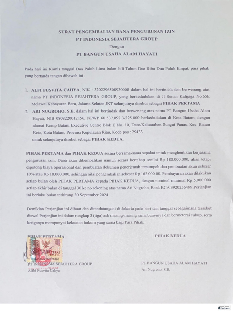 Surat pengembalian dana PT BUAH | PDF