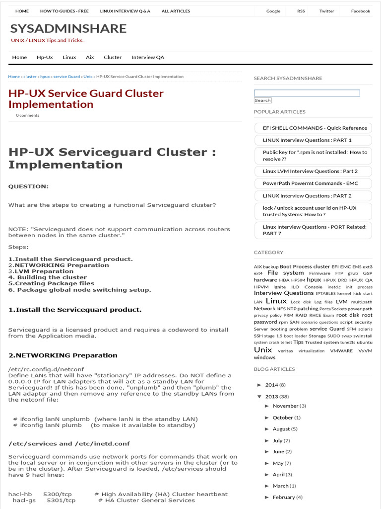 HP-UX Service Guard Cluster Implementation - SYSADMINSHARE | PDF | Computer Cluster | Domain ...