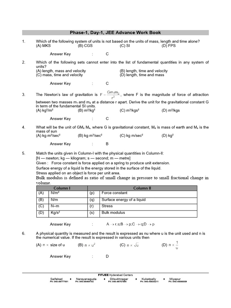 JEE Advanced Physics Workbook Phase 1 | PDF | Mass | Force