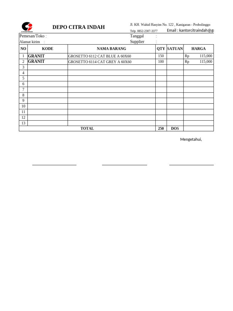 Form Surat Pesanan Kosong | PDF