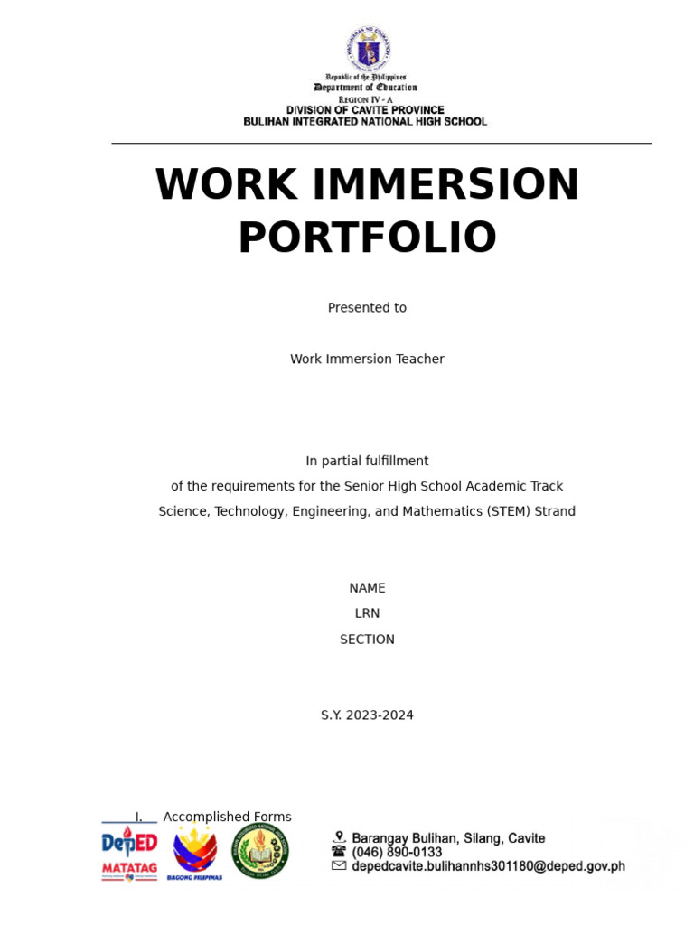 Senior High School Work Immersion Portfolio | PDF