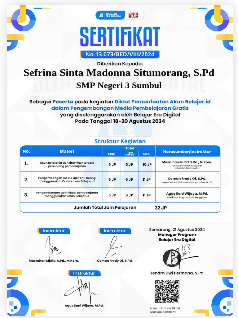 Sertifikat - Sefrina Sinta Madonna Situmorang, S.PD | PDF