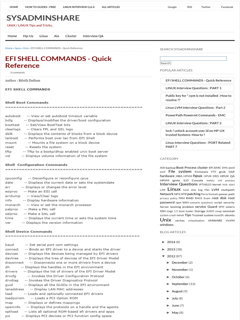 EFI SHELL COMMANDS - Quick Reference - SYSADMINSHARE | PDF | Booting | Device Driver
