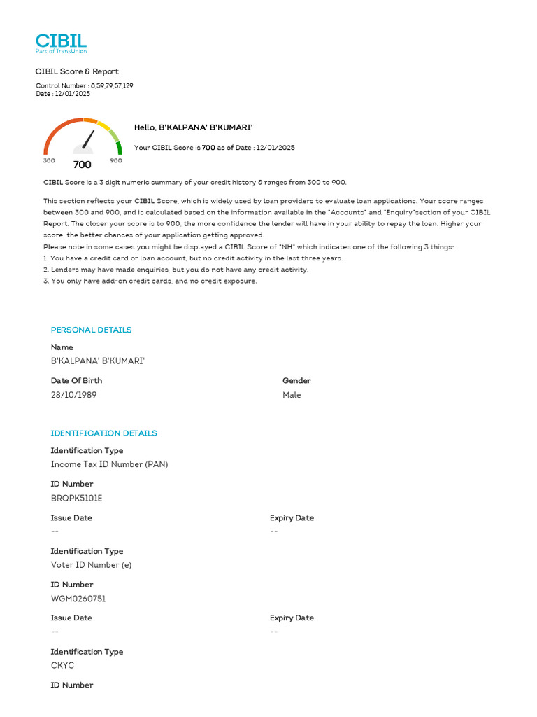 CIBIL Score Report for B'KALPANA B'KUMARI | PDF | Line Of Credit | Credit