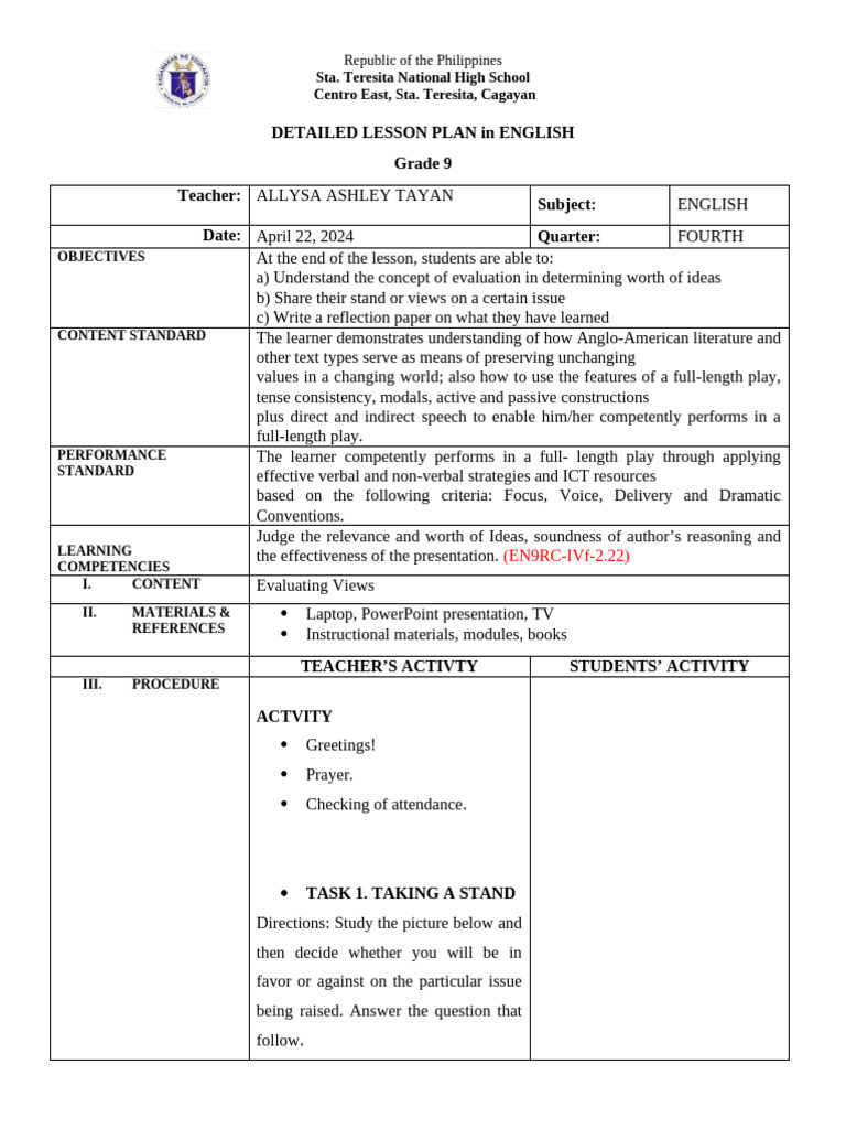 Evaluating Viewsn | PDF | Learning | Lesson Plan