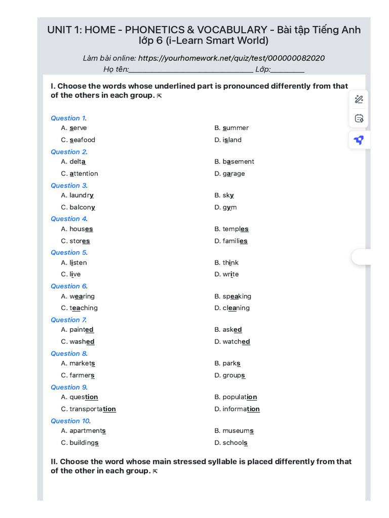 UNIT 1 - HOME - PHONETICS & VOCABULARY - Bài Tập Tiếng Anh Lớp 6 (I ...