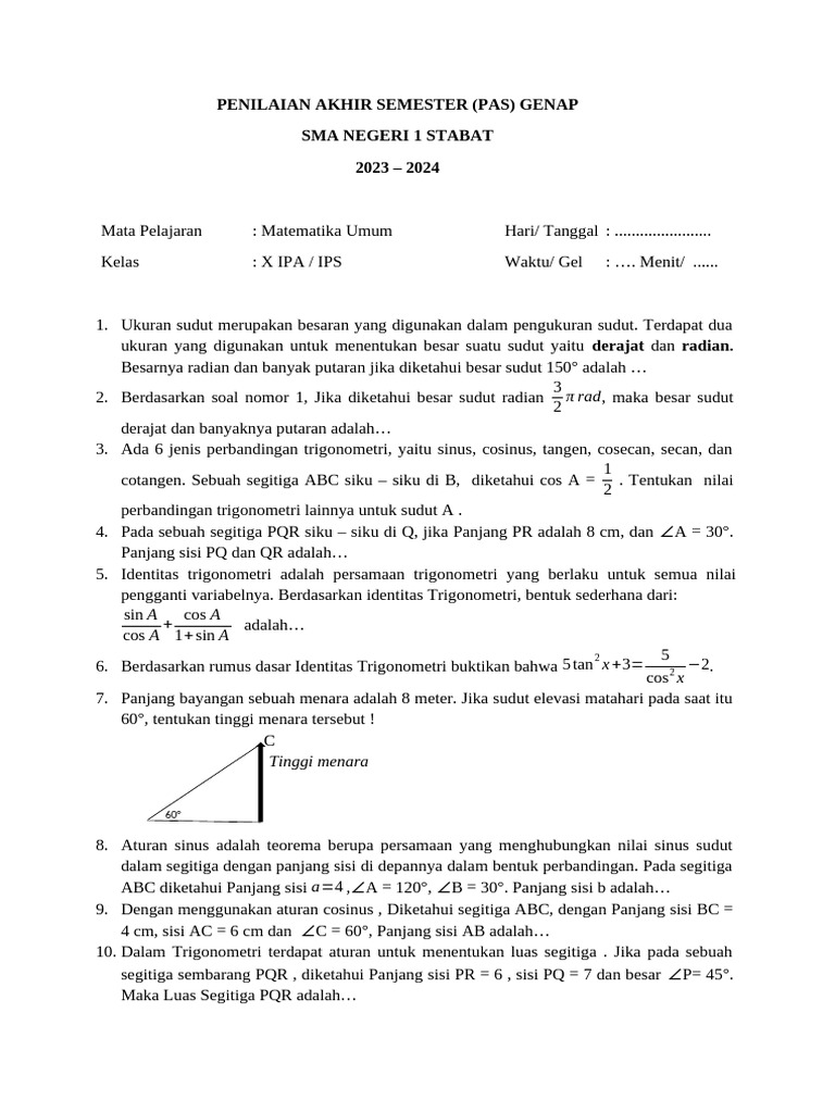 PAS GENAP MATEMATIKA UMUM KELAS X IPA.IPS 2024 | PDF