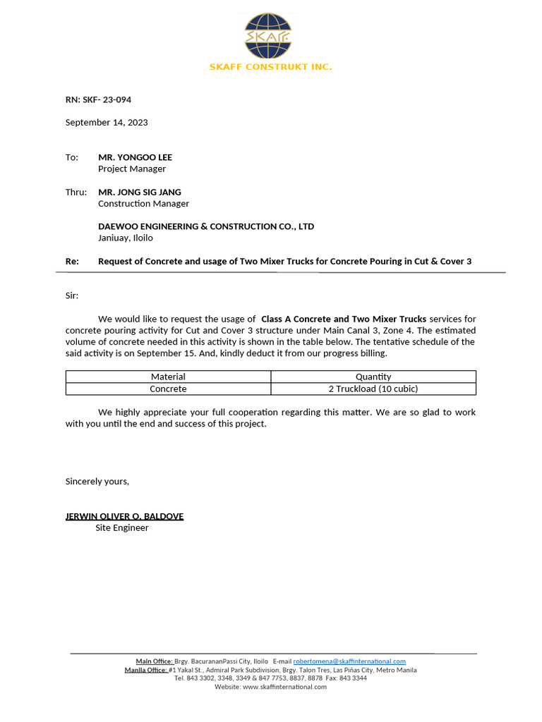 SKF - 23-094 Request Letter For Cement and Aggregates | PDF