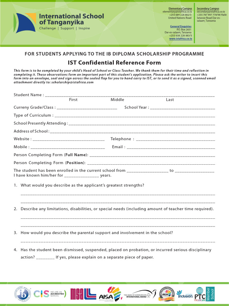 IST Confidential Reference Form: For Students Applying To The Ib Diploma Scholarship Programme ...
