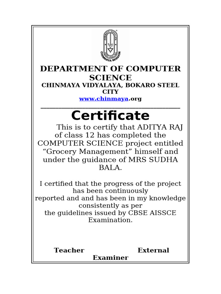 Grocery Management Project Certificate | PDF