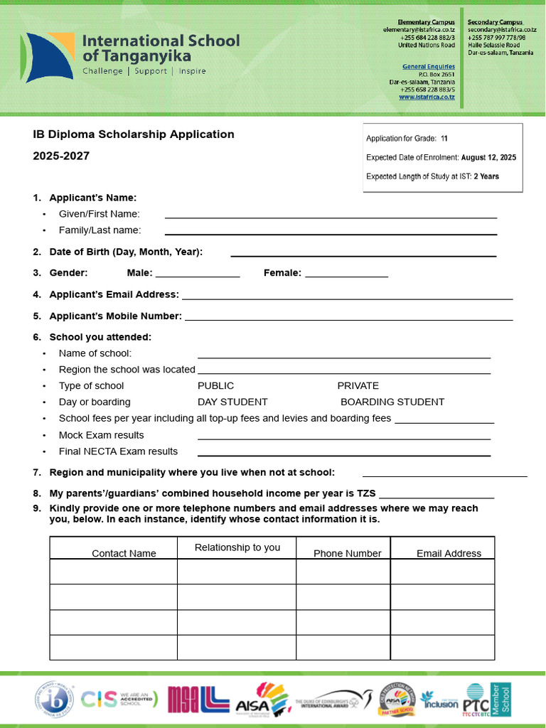 IB Diploma Scholarship Application 2025-2027 | PDF | Tuition Payments | Fee