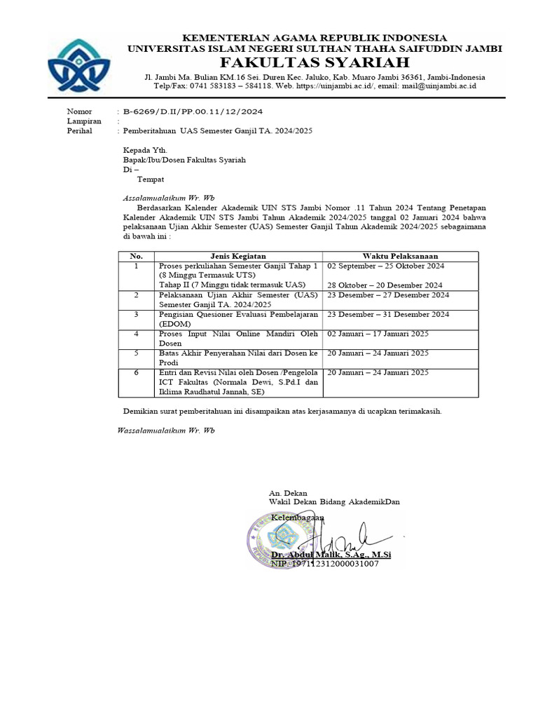 Surat Pemberitahuan Uas TH 2024 | PDF