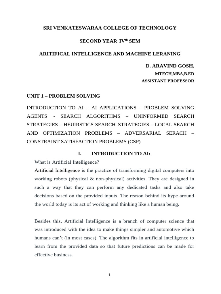 Unit 1 - Problem Solving (Aiml) | PDF | Applied Mathematics | Theoretical Computer Science