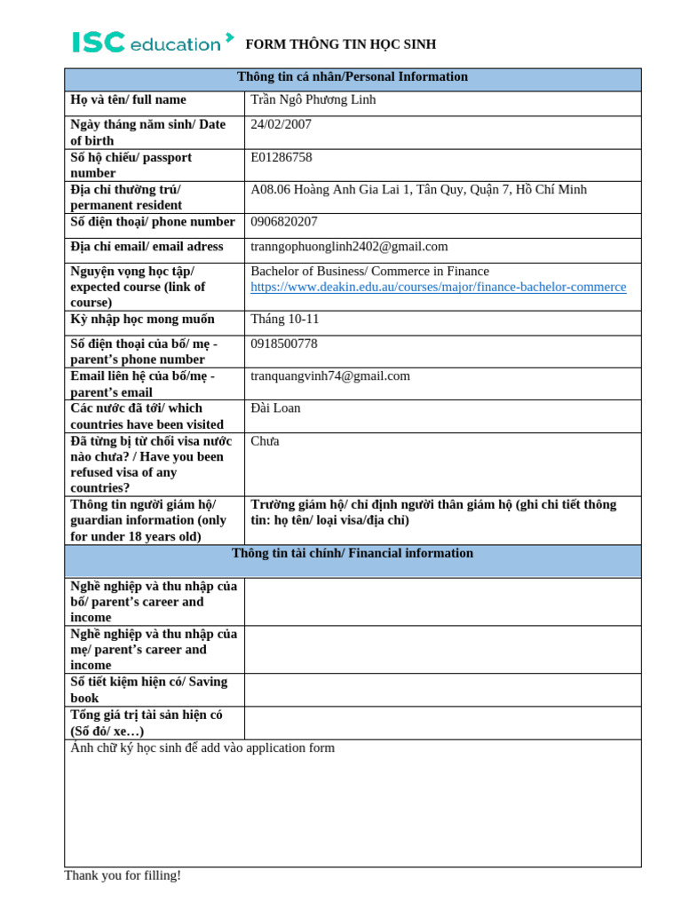 FORM THÔNG TIN HỌC SINH AU | PDF