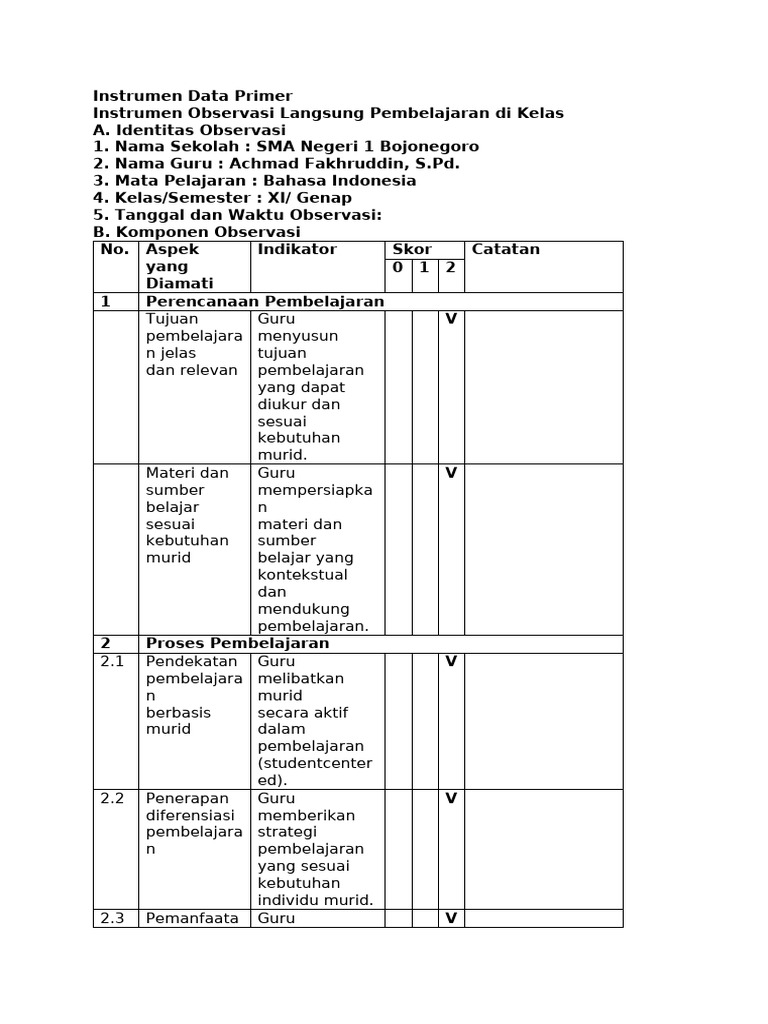 1.instrumen Observasi Kelas-Achmad Fakhruddin | PDF