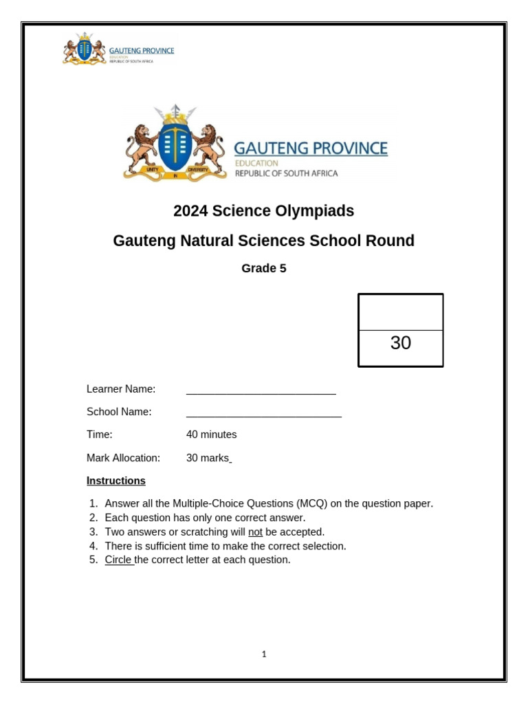 Olympiads GP School Round Grade 5 - English | PDF | Metals | Photosynthesis