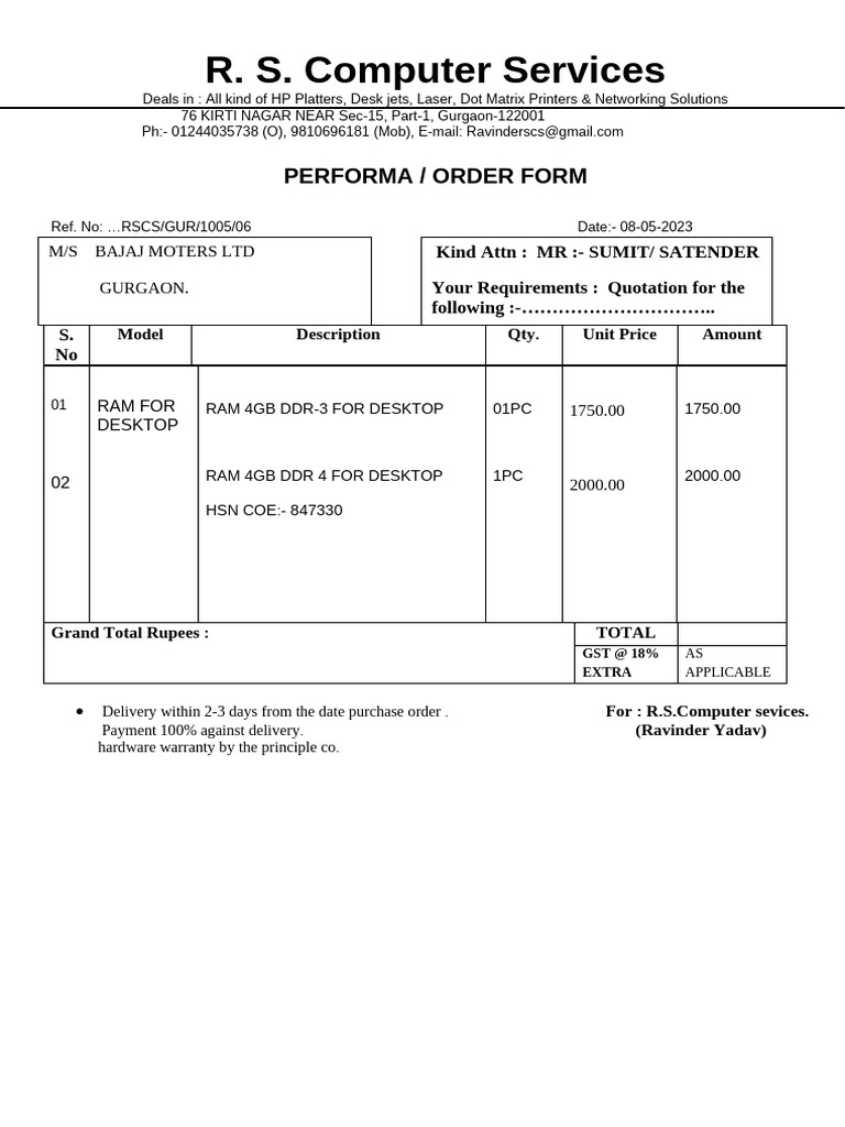 R. S. Computer Services: Performa / Order Form | PDF