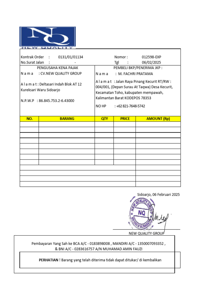 INVOICE PAK FACHRI KALBAR | PDF