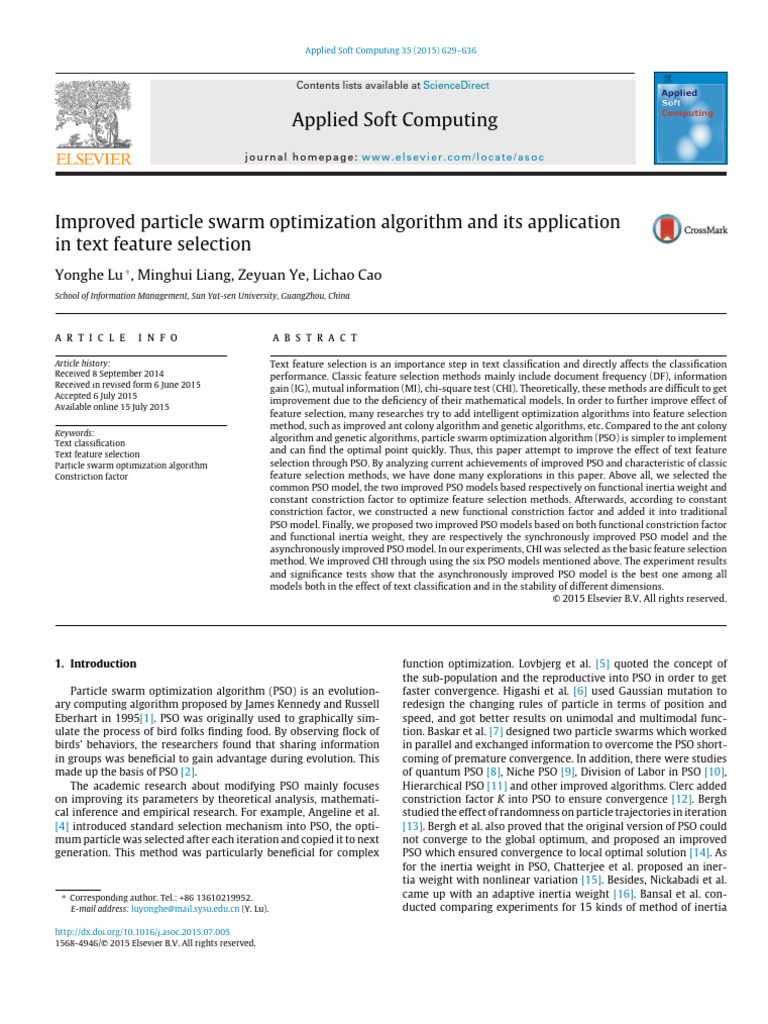 2015 Elsevier Improved Particle Swarm Optimization Algorithm And Its Application In Text Feature