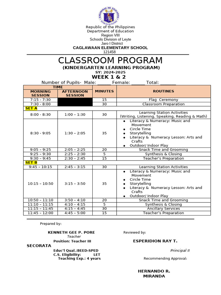 Kindergarten Program Schedule 2024-2025 | PDF | Teachers | Behavior Modification
