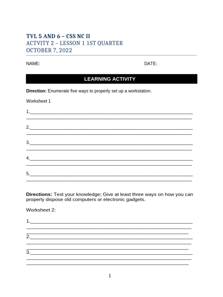TVL 5 and 6 Activity 2 Lesson 1 | PDF